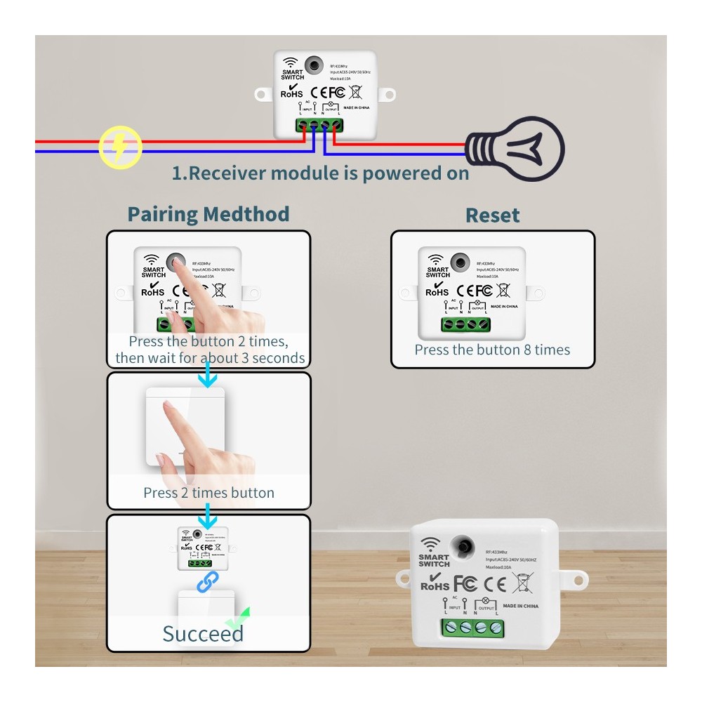 2Vevő1Kapcsoló-Vezeték nélküli Fali kapcsoló RF 433Mhz Megszakító Villanykapcsoló Távvezérlő 86 ...